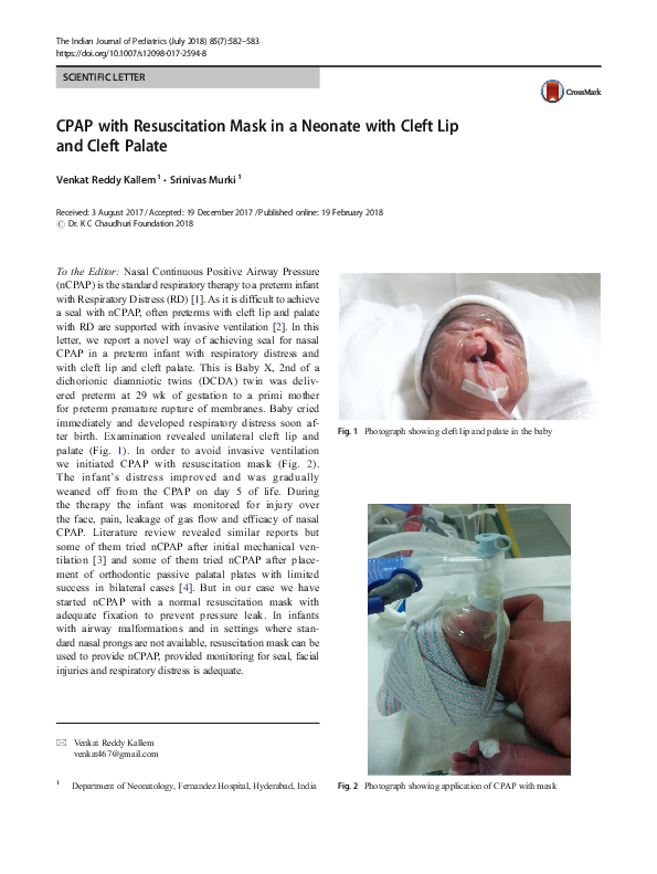 (PDF) CPAP with Resuscitation Mask in a Neonate with Cleft Lip and ...
