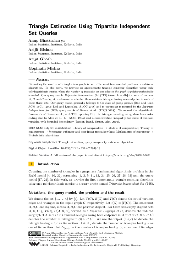 (PDF) Triangle Estimation Using Tripartite Independent Set Queries