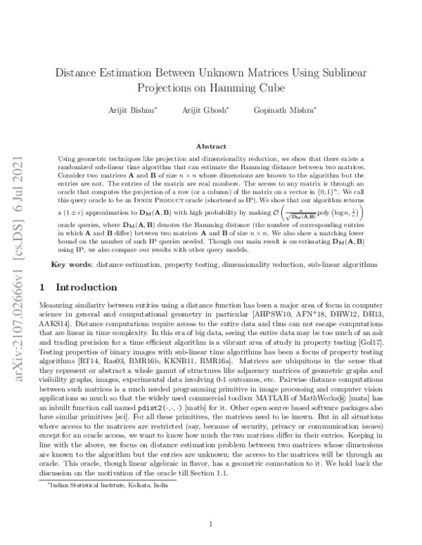 Pdf Distance Estimation Between Unknown Matrices Using Sublinear