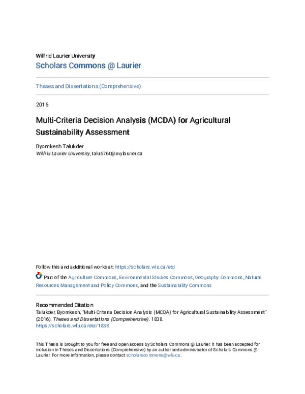 (PDF) Multi-Criteria Decision Analysis (MCDA) for Agricultural Sustainability Assessment