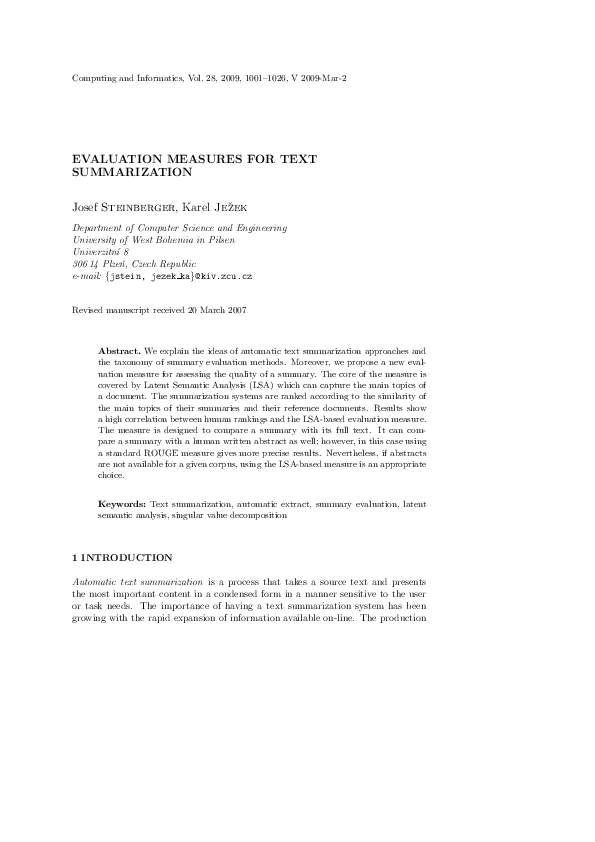 Pdf Evaluation Measures For Text Summarization