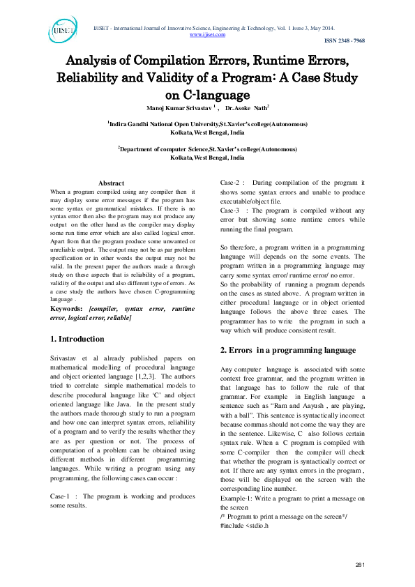 (PDF) Analysis of Compilation Errors, Runtime Errors, Reliability and ...