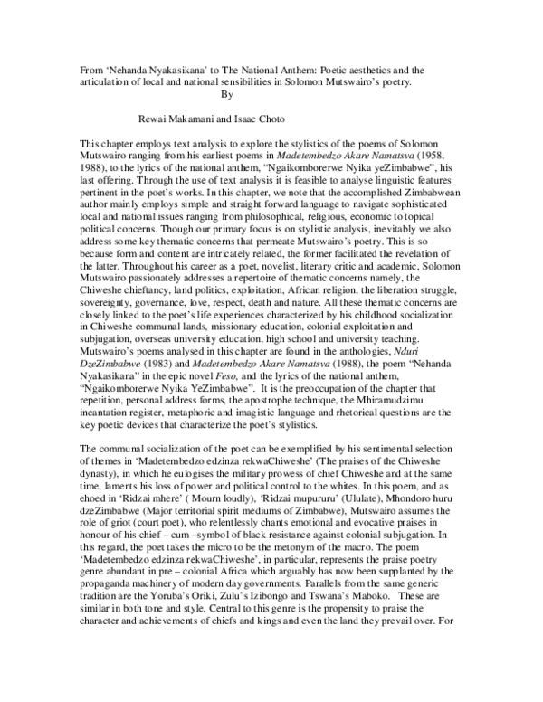 (PDF) From "Nehanda Nyakasikana" to the national anthem: Poetic ...