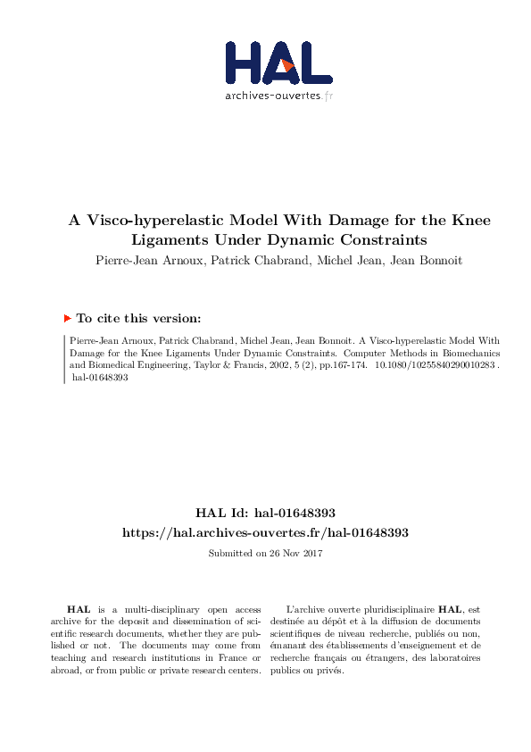 (PDF) A Visco-hyperelastic Model With Damage for the Knee Ligaments ...