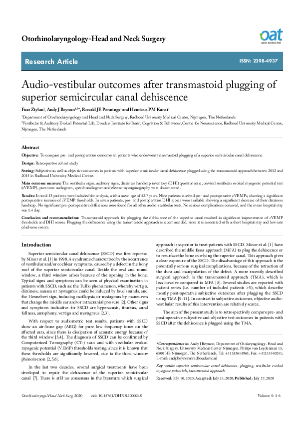 (PDF) Audio-vestibular outcomes after transmastoid plugging of superior ...