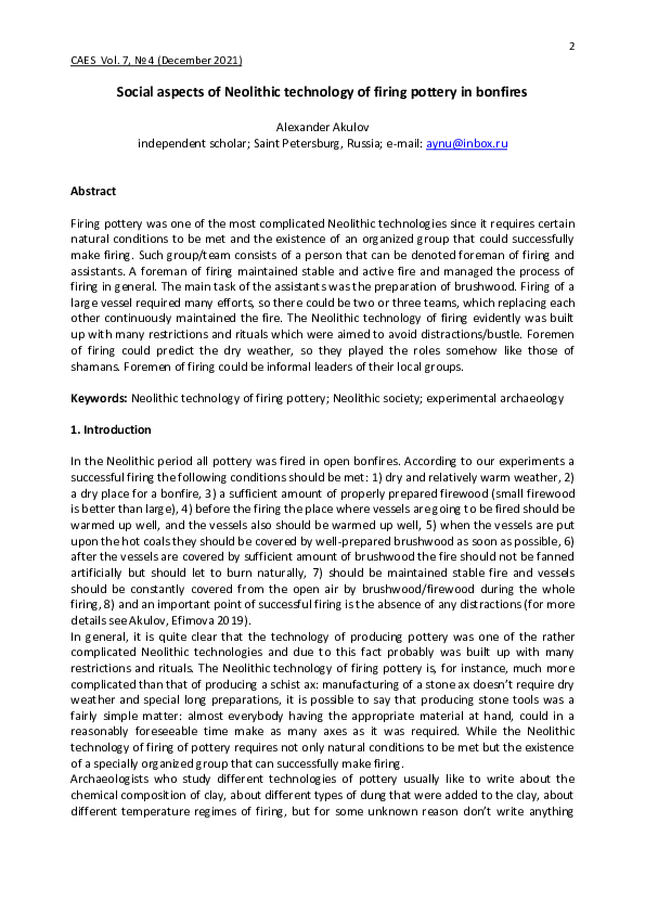 (PDF) Social aspects of Neolithic technology of firing pottery in bonfires