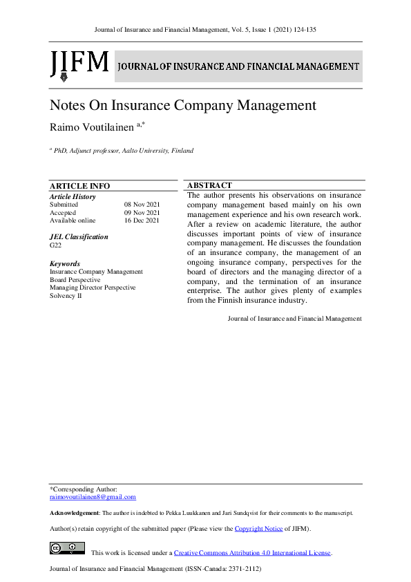 (PDF) Notes On Insurance Company Management