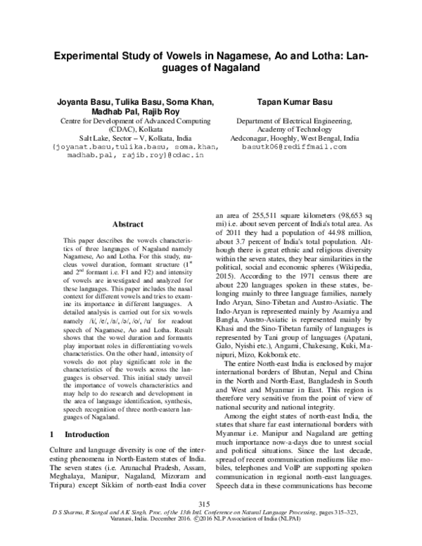 (PDF) Experimental Study of Vowels in Nagamese, Ao and Lotha: Languages ...