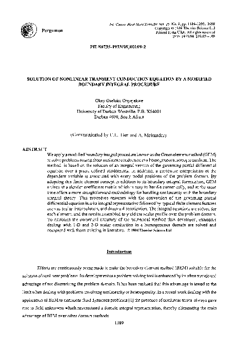 Pdf Solution Of Nonlinear Transient Conduction Equation By A Modified Boundary Integral Procedure