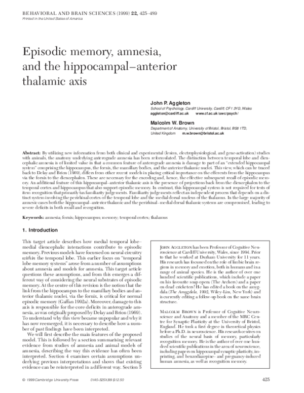 (PDF) Episodic Memory, Amnesia, and the Hippocampal anterior Thalamic Axis