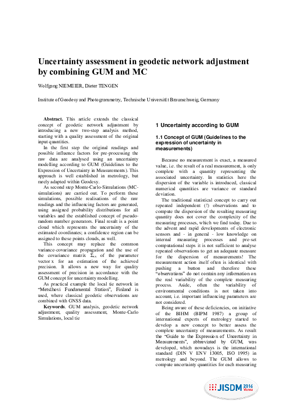 (PDF) Uncertainty assessment in geodetic network adjustment by combining GUM and MC | Wolfgang ...
