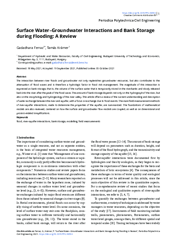 (PDF) Surface Water–Groundwater Interactions and Bank Storage during Flooding: A Review