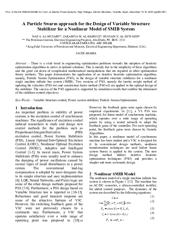 (PDF) A Particle Swarm approach for the Design of Variable Structure Stabilizer for a Nonlinear ...