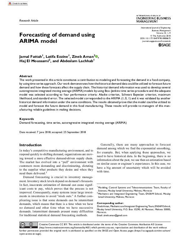 Pdf Forecasting Of Demand Using Arima Model