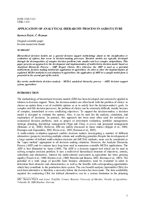 (PDF) Application of Analytical Hierarchy Process in Agriculture