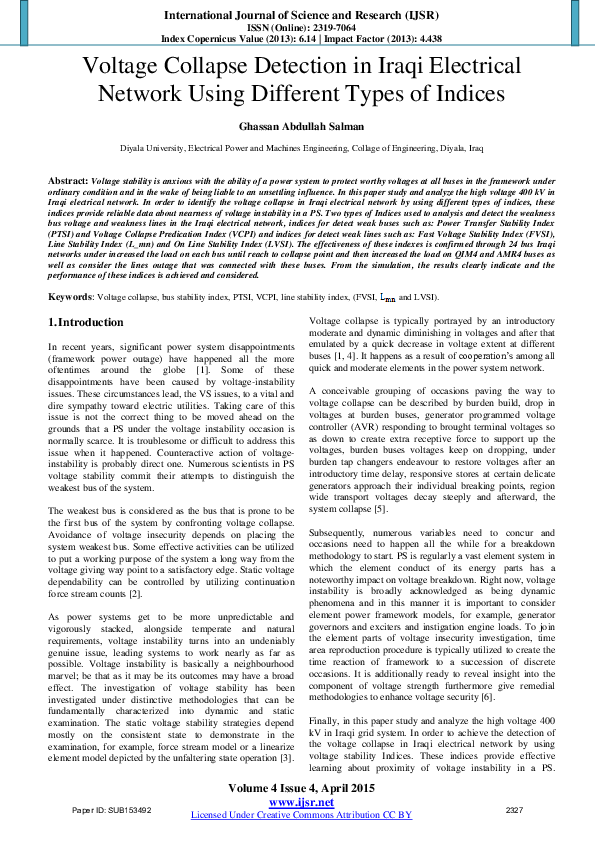 (PDF) Voltage Collapse Detection in Iraqi Electrical Network Using Different Types of Indices