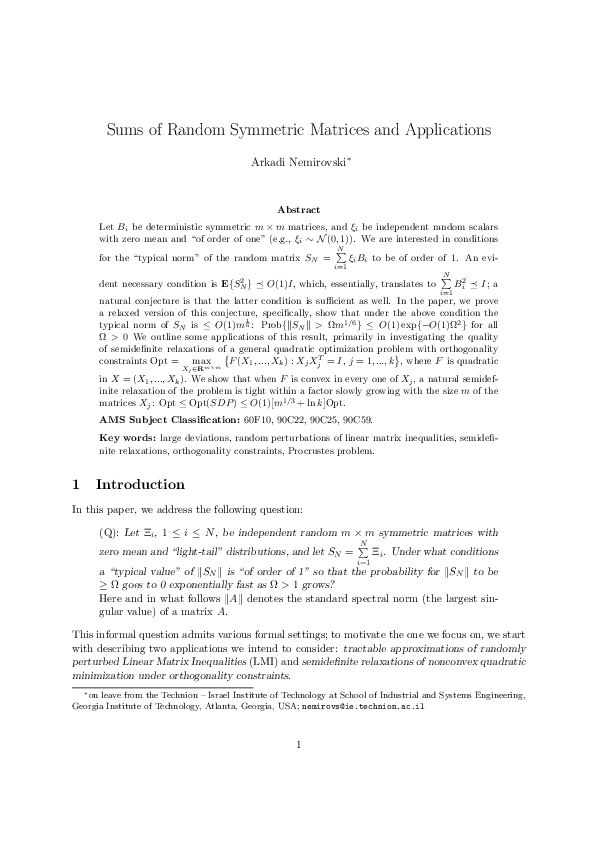 Pdf Sums Of Random Symmetric Matrices And Applications
