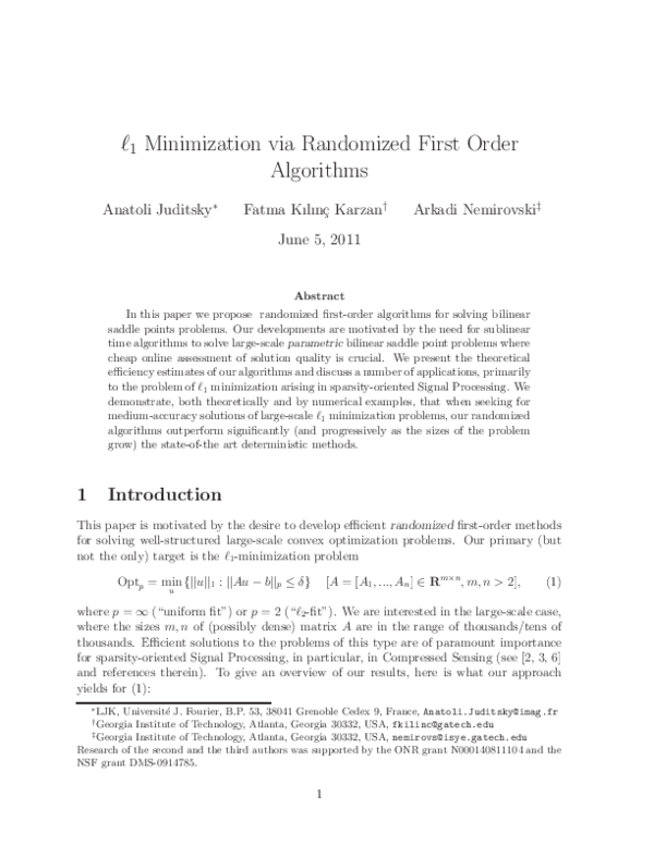(PDF) 1 Minimization via Randomized First Order Algorithms | Arkadi Nemirovski - Academia.edu