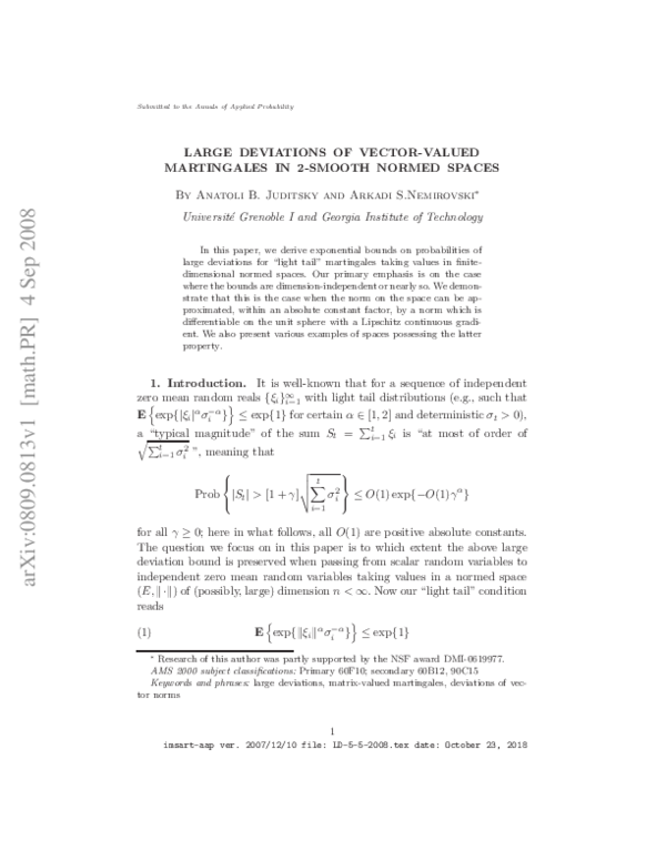 (PDF) Large Deviations of Vector-valued Martingales in 2-Smooth Normed Spaces | Arkadi ...