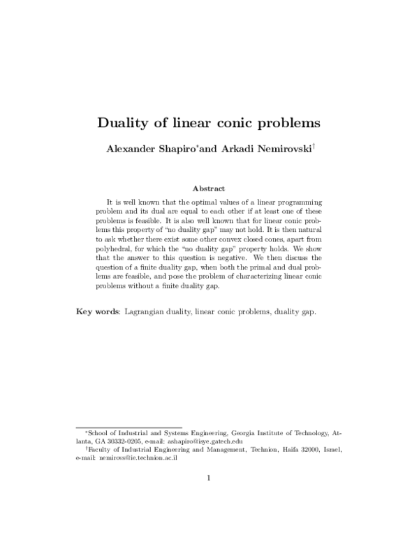 (PDF) Duality of linear conic problems | Arkadi Nemirovski - Academia.edu