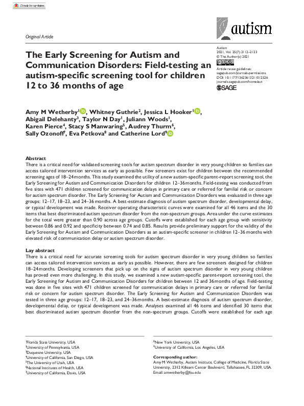 (PDF) The Early Screening for Autism and Communication Disorders: Field ...