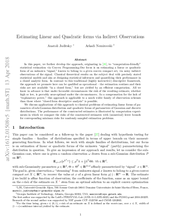 (PDF) Estimating linear and quadratic forms via indirect observations | Arkadi Nemirovski ...