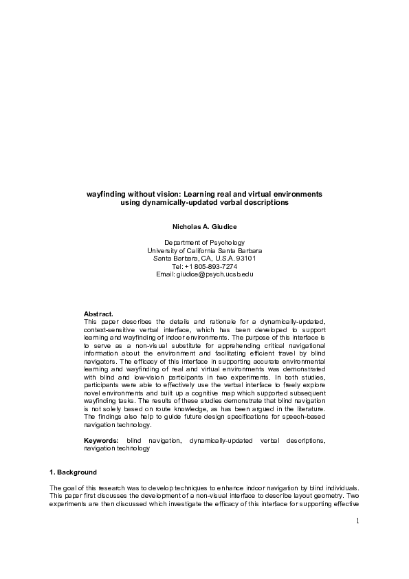 (PDF) 1 wayfinding without vision: Learning real and virtual environments using dynamically ...