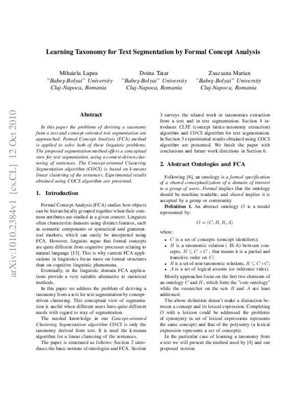 Pdf Text Segmentation Using Formal Concept Analysis And Clustering