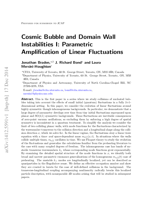 (PDF) Cosmic bubble and domain wall instabilities I: parametric ...