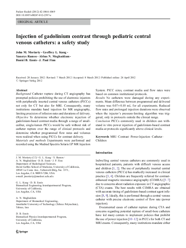 (PDF) Safety of Electronic Gadolinium Injection via Pediatric PICCs