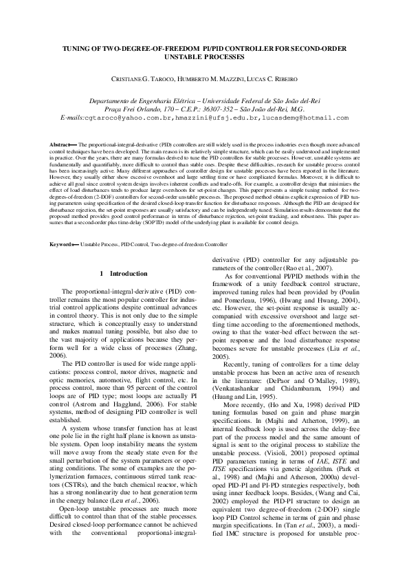 (PDF) Tuning of Two-Degree-Of-Freedom Pi / Pid Controller for Second-Order Unstable Processes