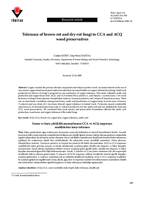 (PDF) Tolerance of brown-rot and dry-rot fungi to CCA and ACQ wood ...