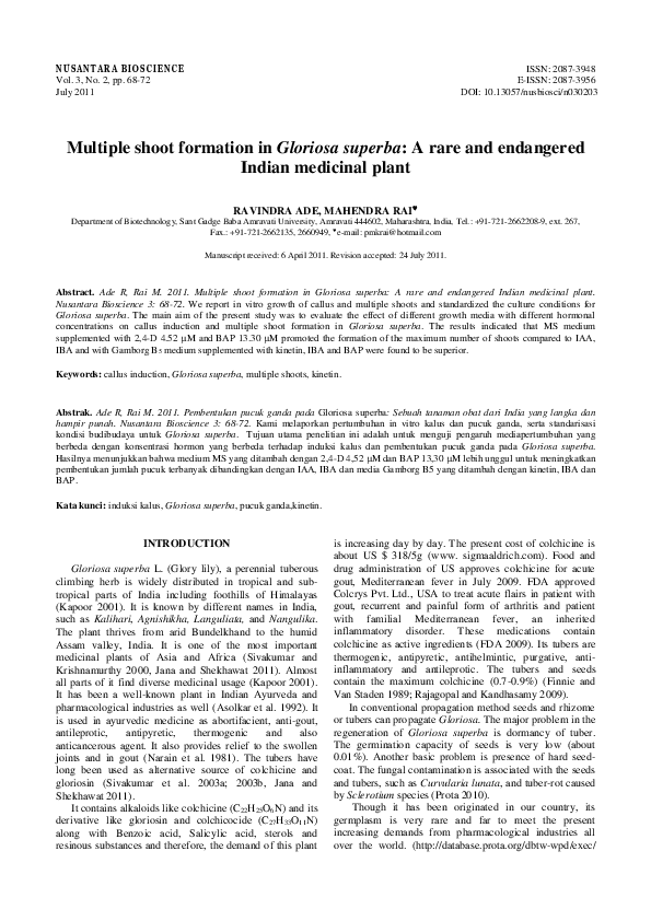 (PDF) Multiple shoot formation in Gloriosa superba: A rare and ...
