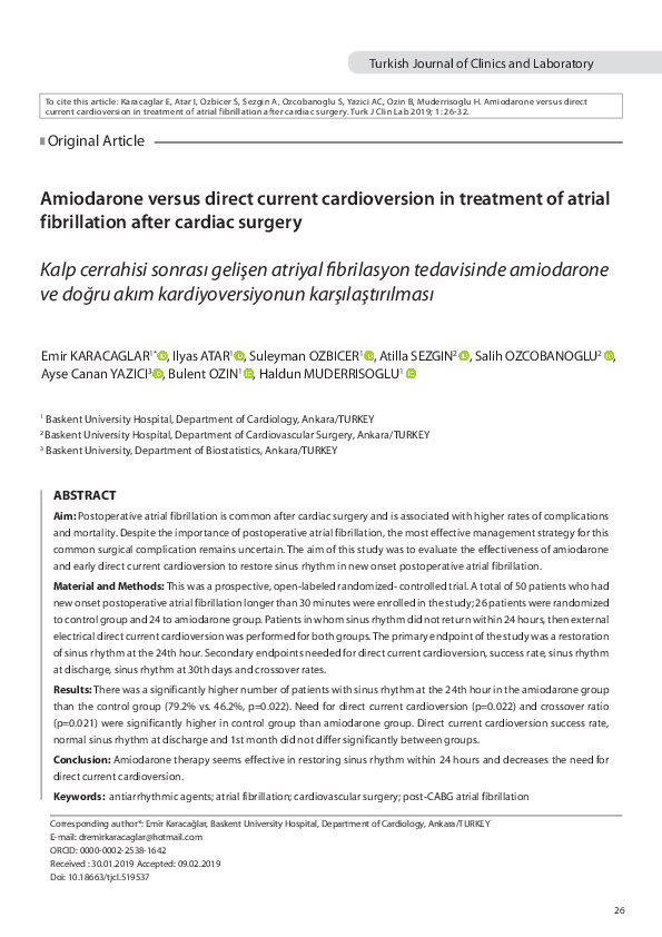 (PDF) Amiodarone versus direct current cardioversion in treatment of ...