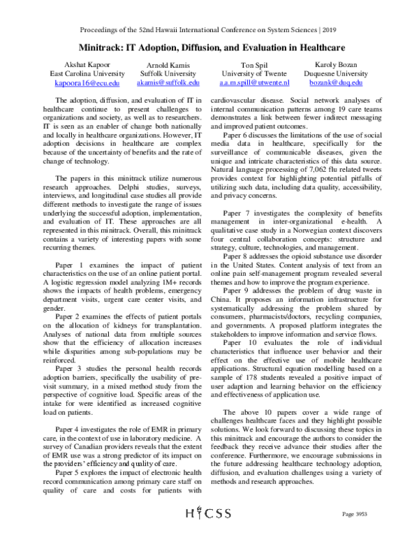(PDF) Introduction to the Minitrack on IT Adoption, Diffusion and Evaluation in Healthcare