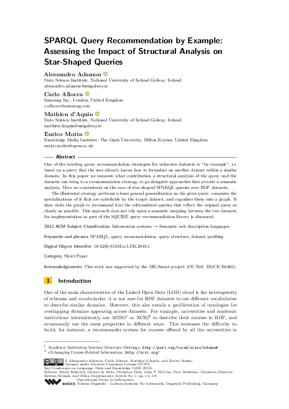 (PDF) SPARQL Query Recommendation by Example: Assessing the Impact of Structural Analysis on ...