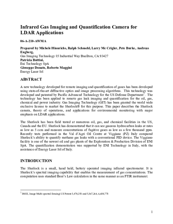 (PDF) Infrared Gas Imaging and Quantification Camera for LDAR ...