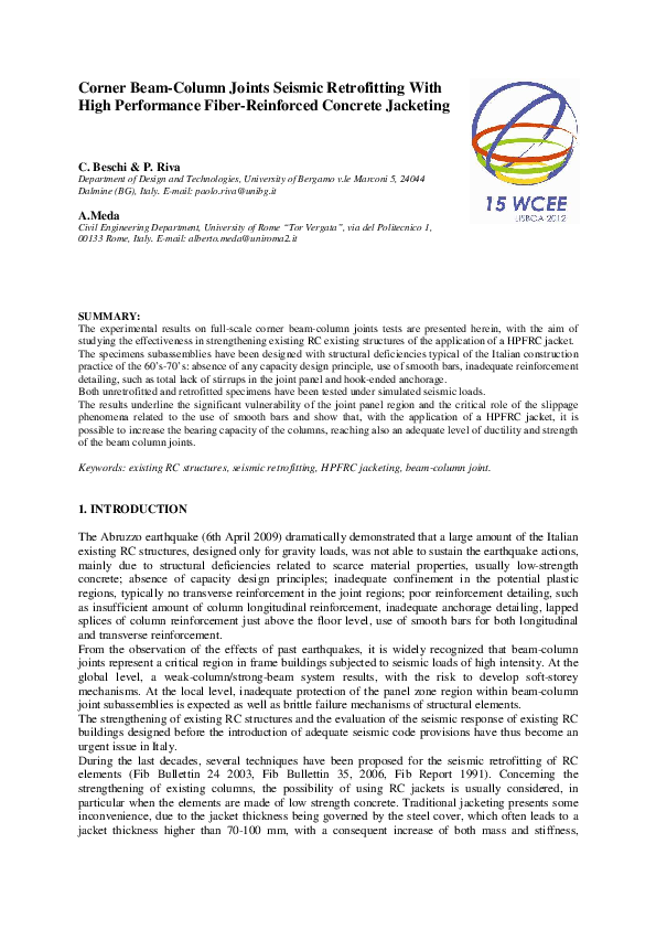 (PDF) Corner Beam-Column Joints Seismic Retrofitting With High ...
