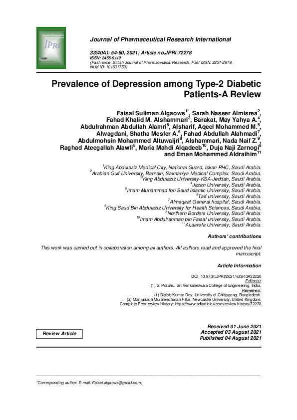 Pdf Prevalence Of Depression Among Type 2 Diabetic Patients A Review