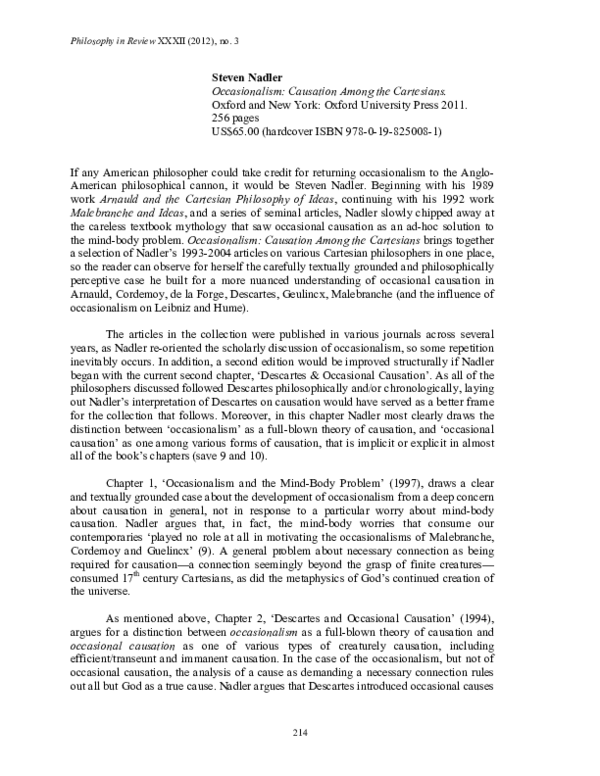 (PDF) Steven Nadler , Occasionalism: Causation Among the Cartesians ...