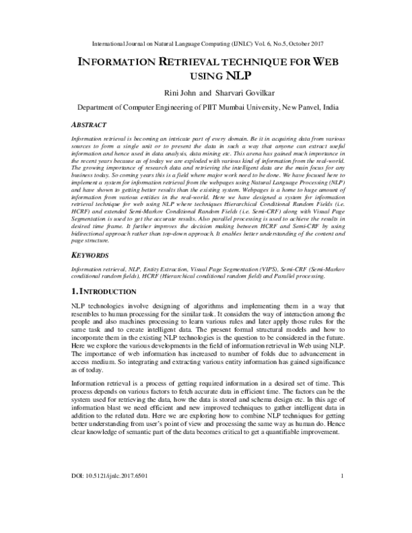 Pdf Information Retrieval Technique For Web Using Nlp