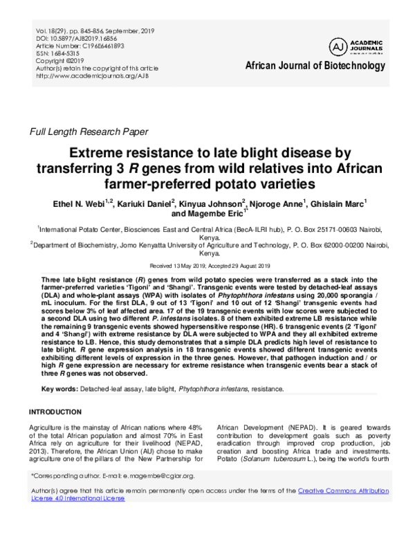 (PDF) Extreme resistance to late blight disease by transferring 3 R ...