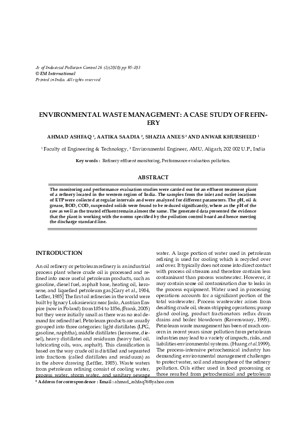 (PDF) Environmental Waste Management: A Case Study of Refinery