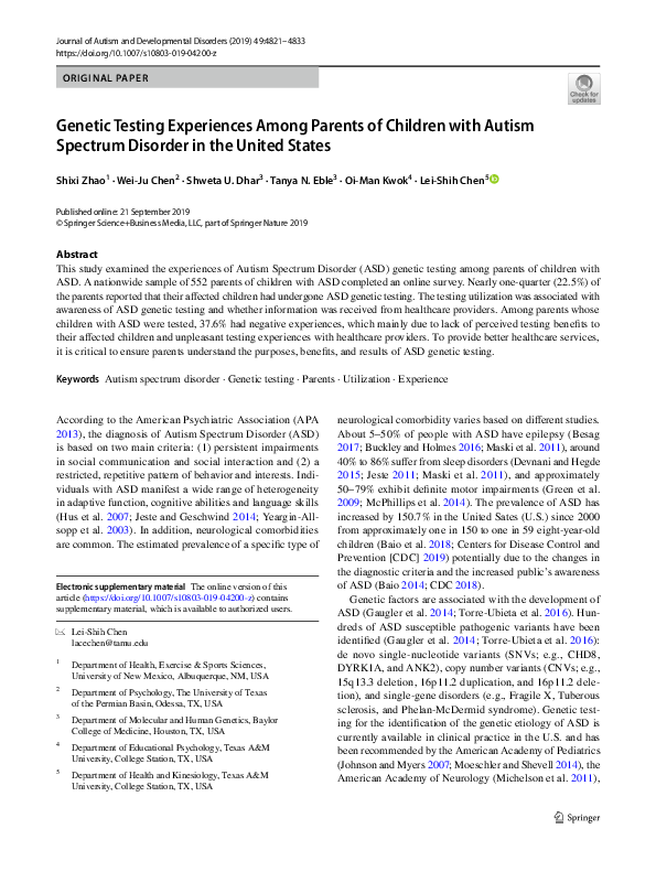 (PDF) Genetic Testing Experiences Among Parents of Children with Autism ...