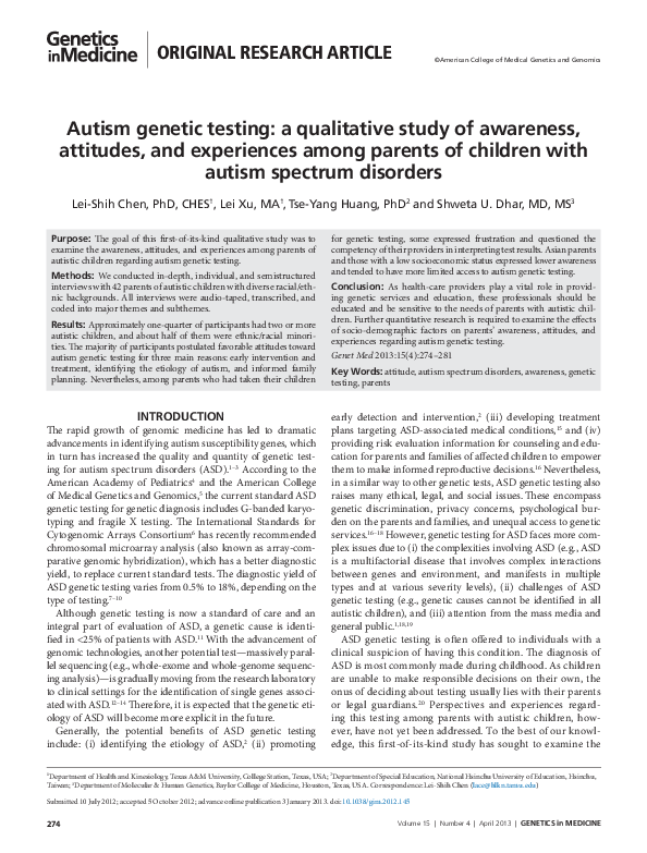Autism genetic testing: a qualitative study of awareness, attitudes ...