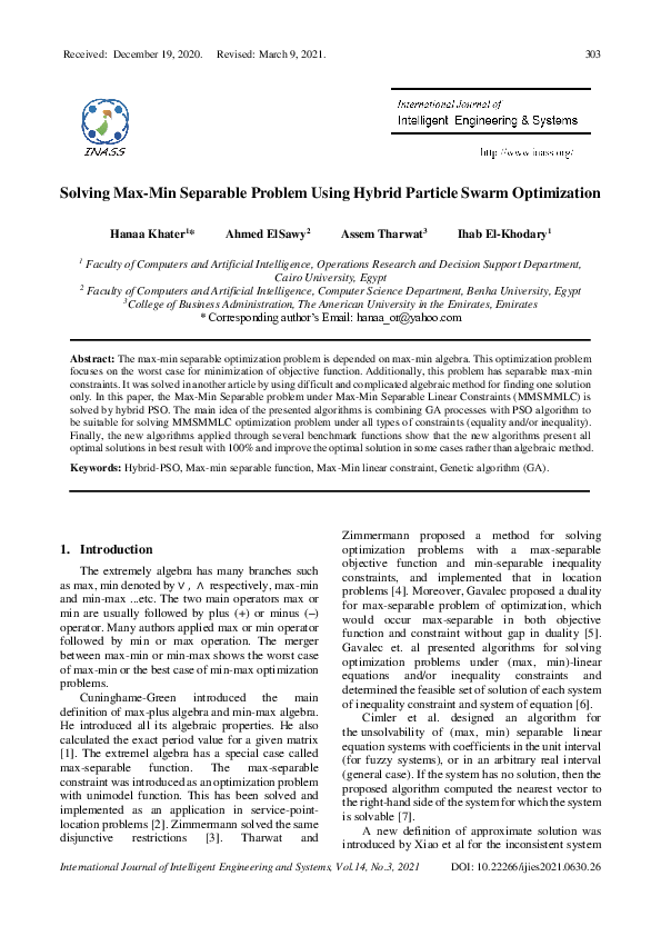 Pdf Solving Max Min Separable Problem Using Hybrid Particle Swarm Optimization 8108