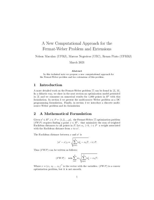 Pdf A New Computational Approach For The Fermat Weber Problem And Extensions