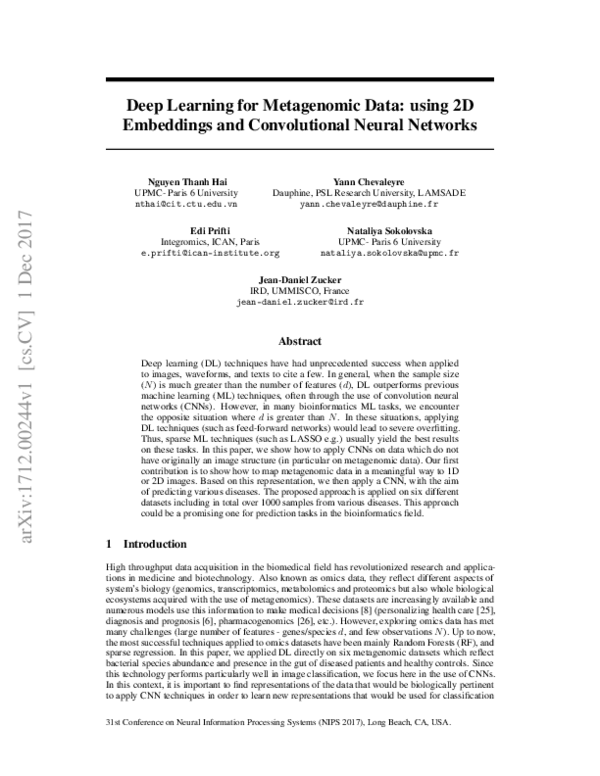 Pdf Deep Learning For Metagenomic Data Using 2d Embeddings And