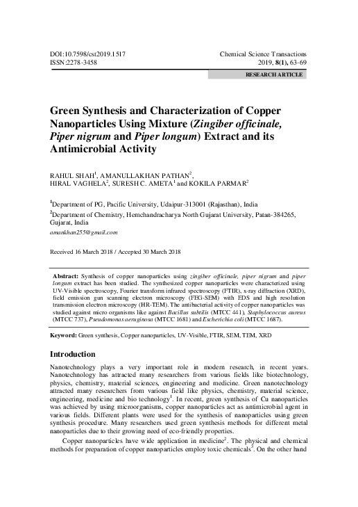 (PDF) Green Synthesis and Characterization of Copper Nanoparticles Using Mixture (Zingiber ...