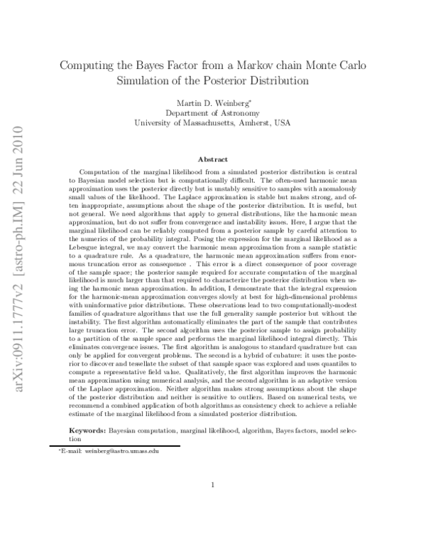(PDF) Computing the Bayes Factor from a Markov Chain Monte Carlo Simulation of the Posterior ...